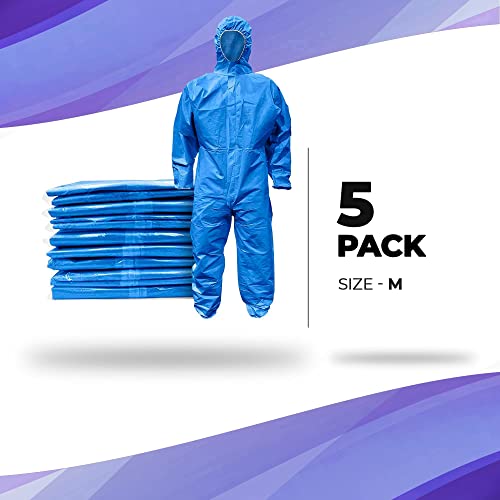 AMZ Disposable Coveralls with Hood, Medium Size. Pack of 5 Blue Hazmat Suits with Front Zip, Elastic Wrists and Ankles. 50 GSM SMS Lab Coveralls. Hazmat Costume Adult. Waterproof Painting Coveralls