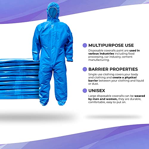 AMZ Disposable Coveralls with Hood, Medium Size. Pack of 5 Blue Hazmat Suits with Front Zip, Elastic Wrists and Ankles. 50 GSM SMS Lab Coveralls. Hazmat Costume Adult. Waterproof Painting Coveralls