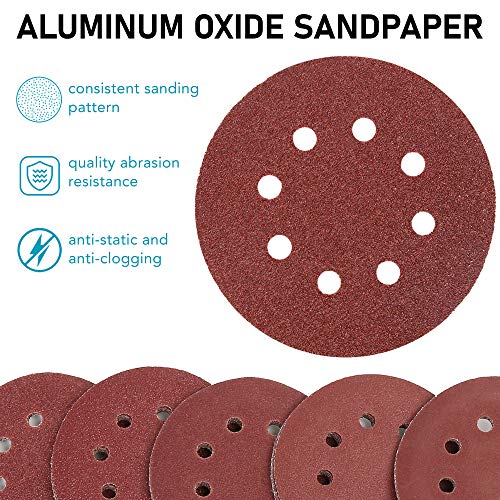 LotFancy 210pcs Sanding Discs, 5 Inch 8 Hole - 40 60 80 100 120 180 240 320 400 800 1000 1500 2000 3000 Grit Assorted Sandpaper, Hook and Loop Round Sand Paper, Random Orbital Sander Pads