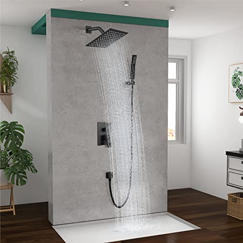 Bathroom Shower System Matte Black 6 Inch Rainfall Showerhead High Pressure Luxury Rain Mixer Shower Handheld Sprayer Wall Mounted Shower Fixture Combo Set Rough-in Valve Body and Trim Included