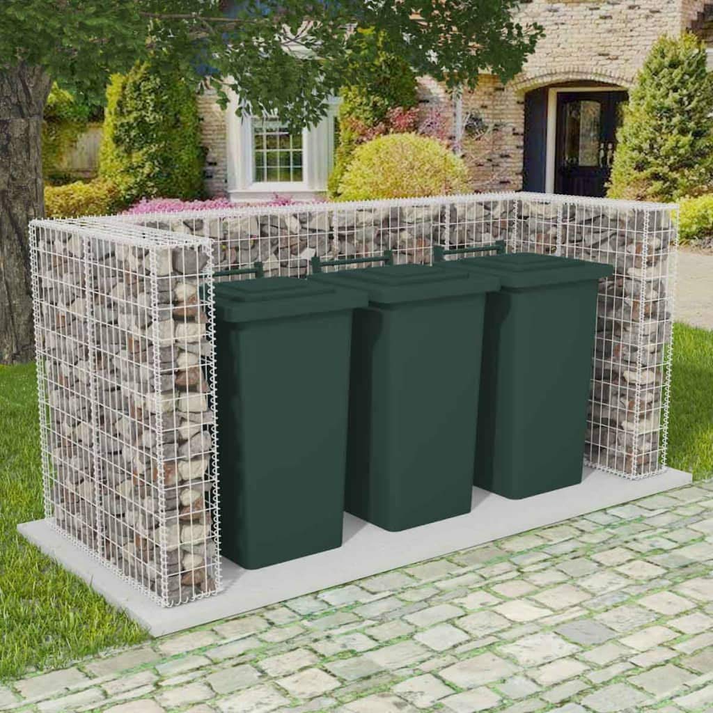 INLIFE Gabion Triple Wheelie Bin Surround Steel Trash and Recycling Storage-Sheds for Outdoor,Garden,Patio,Backyard Garbage Shed 98.4"x 39.4"x 47.2"(LxWxH)