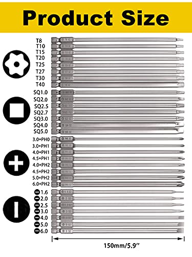 Rocaris 30 Pack 1/4 Inch Hex Shank Long Magnetic Screwdriver Bits Set 6 Inch Power Tools(Slotted+Cross+Square +Torx)