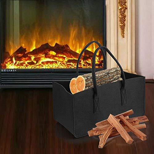 18x11x10 inch Firewood Carrier Log Tote Bag Fireplace Log Carrier Holders Woodpile Rack Fire Wood Carrying Felt Bag Shopping Reusable Handbag,Outdoor Toys Small Basket Kindling Storage Bag (Black)