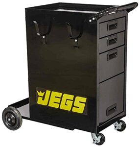 jegs welding cart with drawers and welding tank platform - fits most mig, tig, arc welding machines, plasma cutter - steel constructed and black powder coat finished welding table with locking wheels