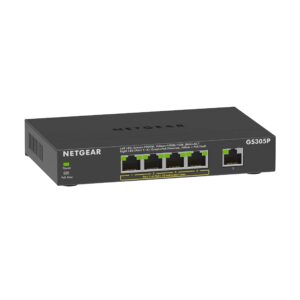 netgear 5-port gigabit ethernet unmanaged poe switch (gs305p v2) - with 4 x poe+ @ 63w, desktop or wall mount