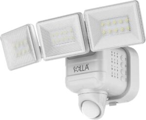 solla battery powered led flood light outdoor, wireless motion sensor security lights, 5000k, ip65 waterproof, flood light battery operated, 3 head motion detector light for garage,yard, porch