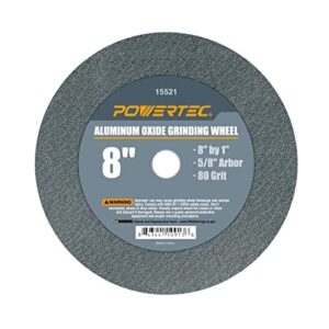 powertec 15521 bench and pedestal grinding wheels, 8 inch x 1 inch, 5/8 arbor, 80 grit, aluminum oxide bench grinder wheel for bench grinder, 1 pack