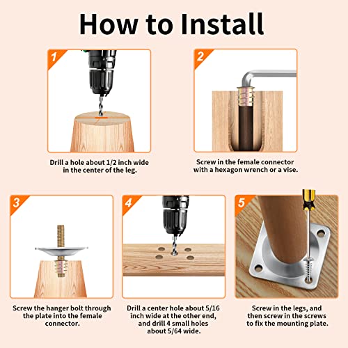 Leg Mounting Plates, 4 Sets Furniture Leg Attachment Plates, 5/16"(M8) Industrial Grade Flat Mounting T-Plates with Hanger Bolts, Screws, Strengthen Weak Furniture Repair Damaged Sofa Couch Seat