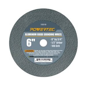 powertec 15519 bench and pedestal grinding wheels, 6 inch x 3/4 inch, 1/2 arbor, 100 grit, aluminum oxide bench grinder wheel for bench grinder, 1 pack