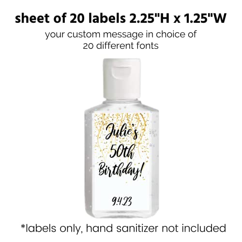 Sheet of 20 Custom Hand Sanitizer Labels | Personalized Stickers for Event Favors (Gold Confetti)