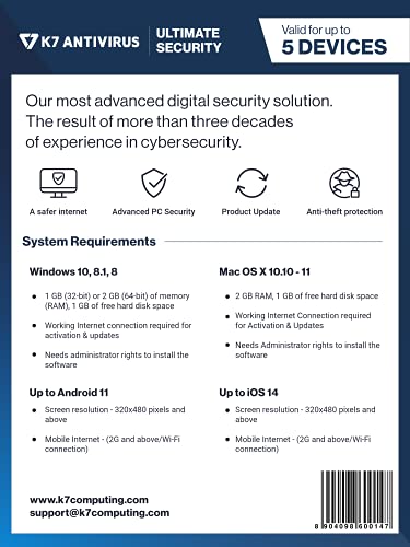 K7 Ultimate Security Antivirus Software 2023 |5 Devices, 1 Year|Threat Protection,Internet Security,Data Backup,Mobile Protection| laptop,PC, Mac®,Phones,Tablets| 2hr Email Delivery-No CD