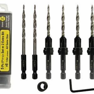 JNB Pro Wood Countersink Drill Bit Set - 5 Pc Adjustable Countersink Bit #8(11/64") All Same Size - 2 Extra 11/64 Tapered Drill Bit, 1 Adjust. Collar, 1 Wrench - 1/4" Quick Change Shank - Countersink