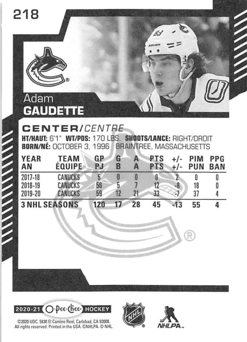 2020-21 O-Pee-Chee #218 Adam Gaudette Vancouver Canucks NHL Hockey Trading Card