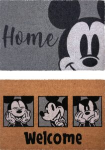 gertmenian mickey mouse coir front door mat (2-pack) for home entrance retro welcome mat disney home decor 20" x 34" each, orange gray welcome home, 47318