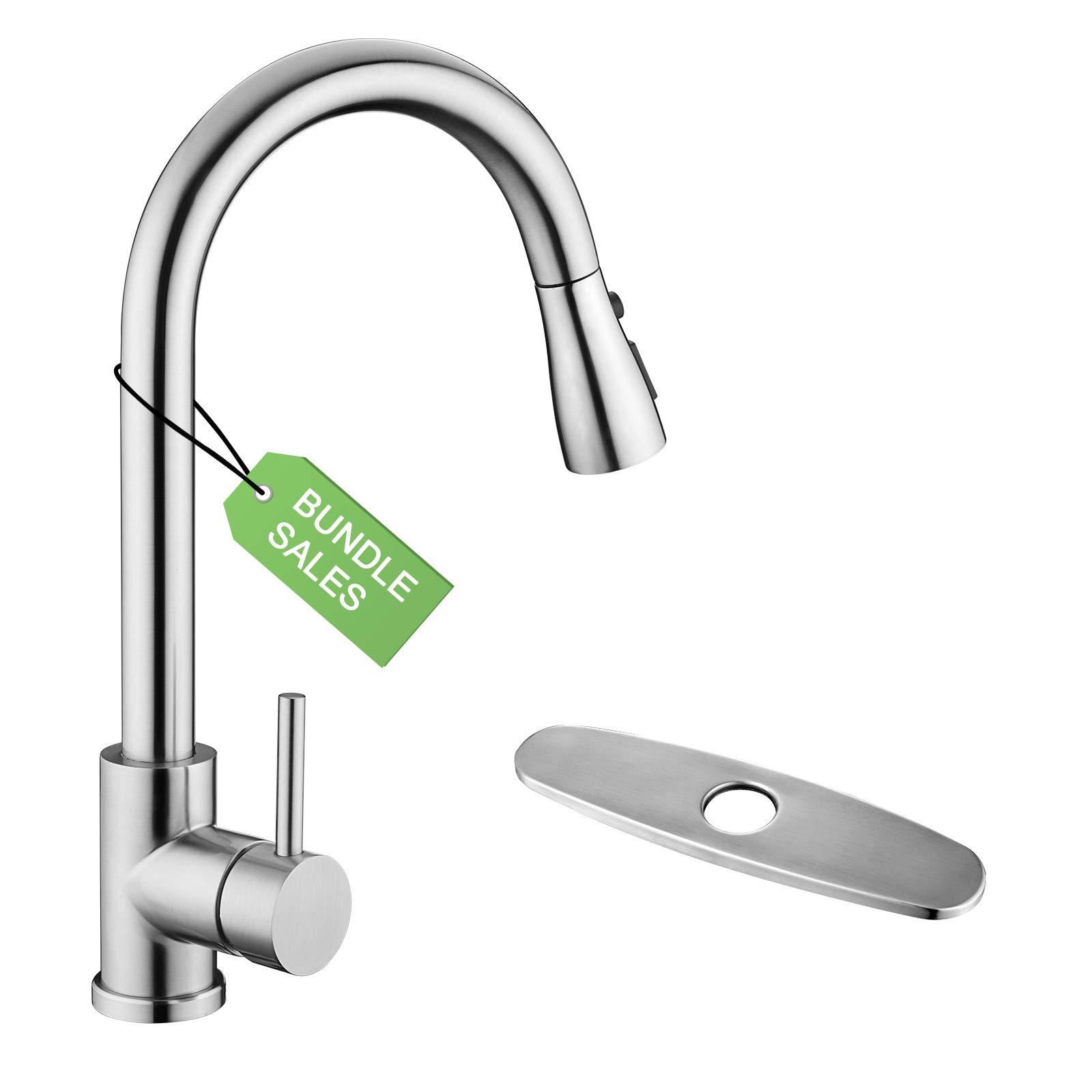 Kitchen Sink Faucet, Kitchen Faucet Stainless Steel with Pull Down Sprayer Brushed Nickel Single Handle Single Hole Pull Out Kitchen Faucets for Bar Laundry rv Utility Sink with Deck Plate