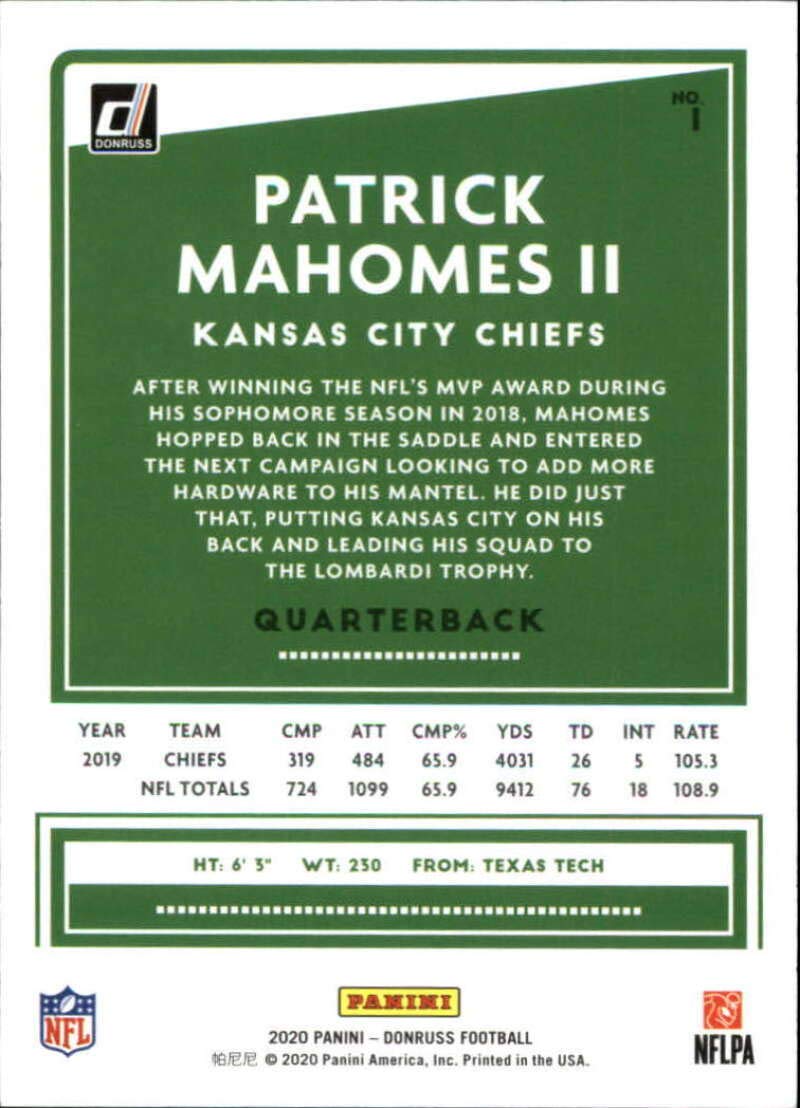 2020 Donruss #1 Patrick Mahomes II Kansas City Chiefs NFL Football Card NM-MT