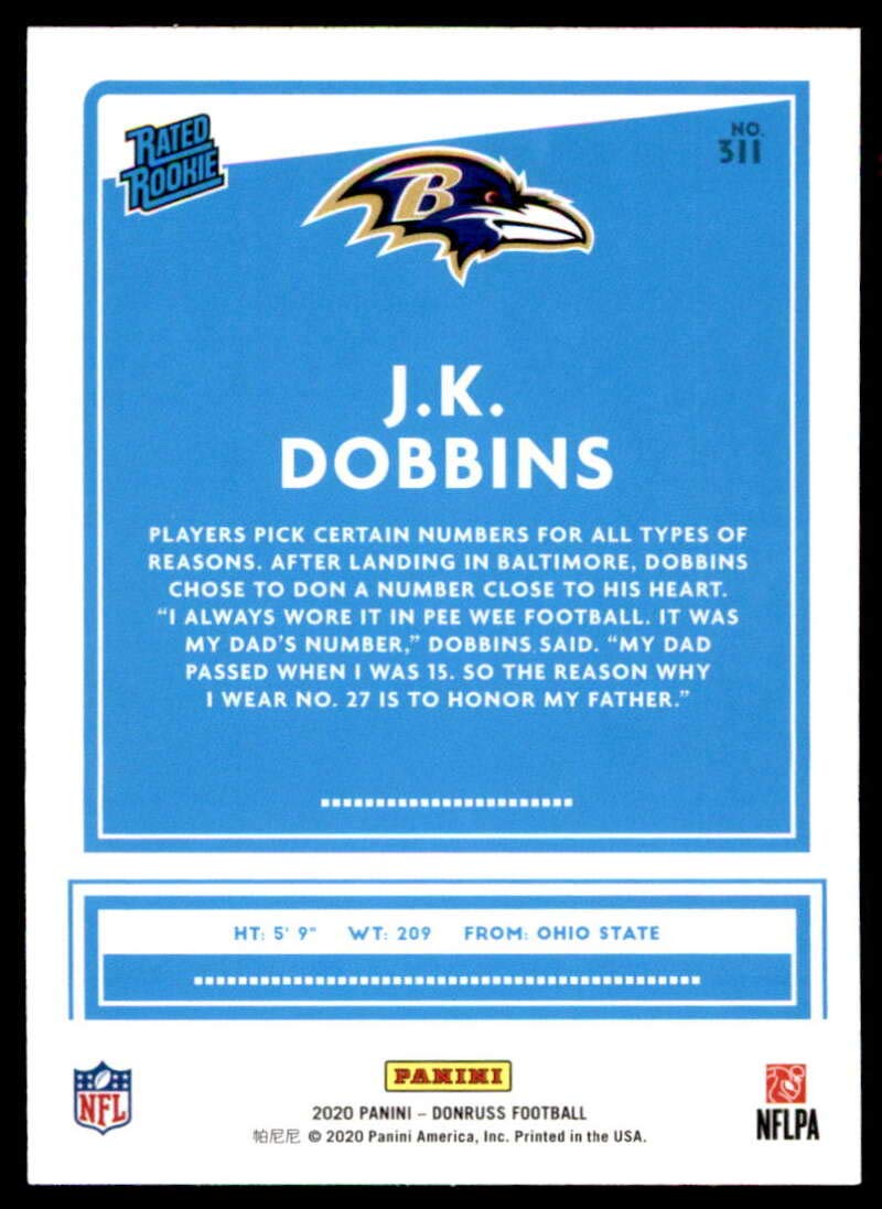 2020 Donruss #311 J.K. Dobbins Baltimore Ravens NFL Football Card (RC - Rookie Card) NM-MT