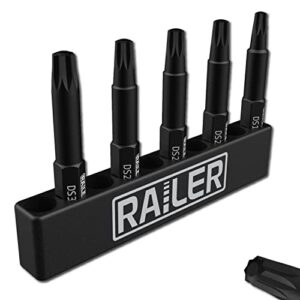 double square 8 point star bit set. railer premium s2 steel 2 inch 8 spline double square bit set with a storage bit holder (5pc set)