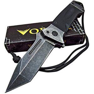 vortek ball bearing pivot system heavy duty edc folding pocket knife: 8cr13mov razor sharp blade - lmf style pommel with lanyard - smooth fast one hand opening