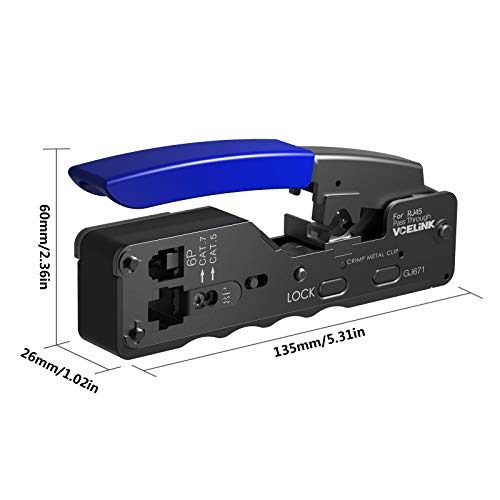 VCELINK RJ45 Crimping Tool Pass Through, Ethernet Wire Cutter Crimper for Cat7 Cat6A Cat6 Cat5E Cat5 Pass-through and Non-pass-through Connectors