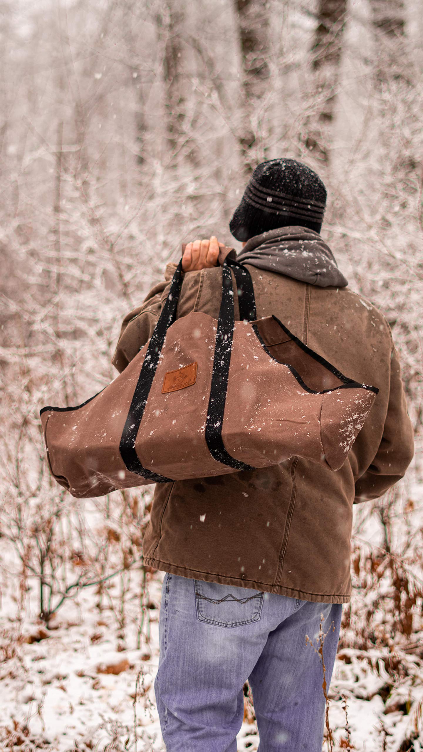 WHITEDUCK TUFF Large Firewood Carrier 21 Oz. Heavy Duty Waxed Canvas Log Carrier Holder for Fireplace, Carrying Wood Indoor & Outdoor (Brown, Boat Shape (26"x17"x9"))