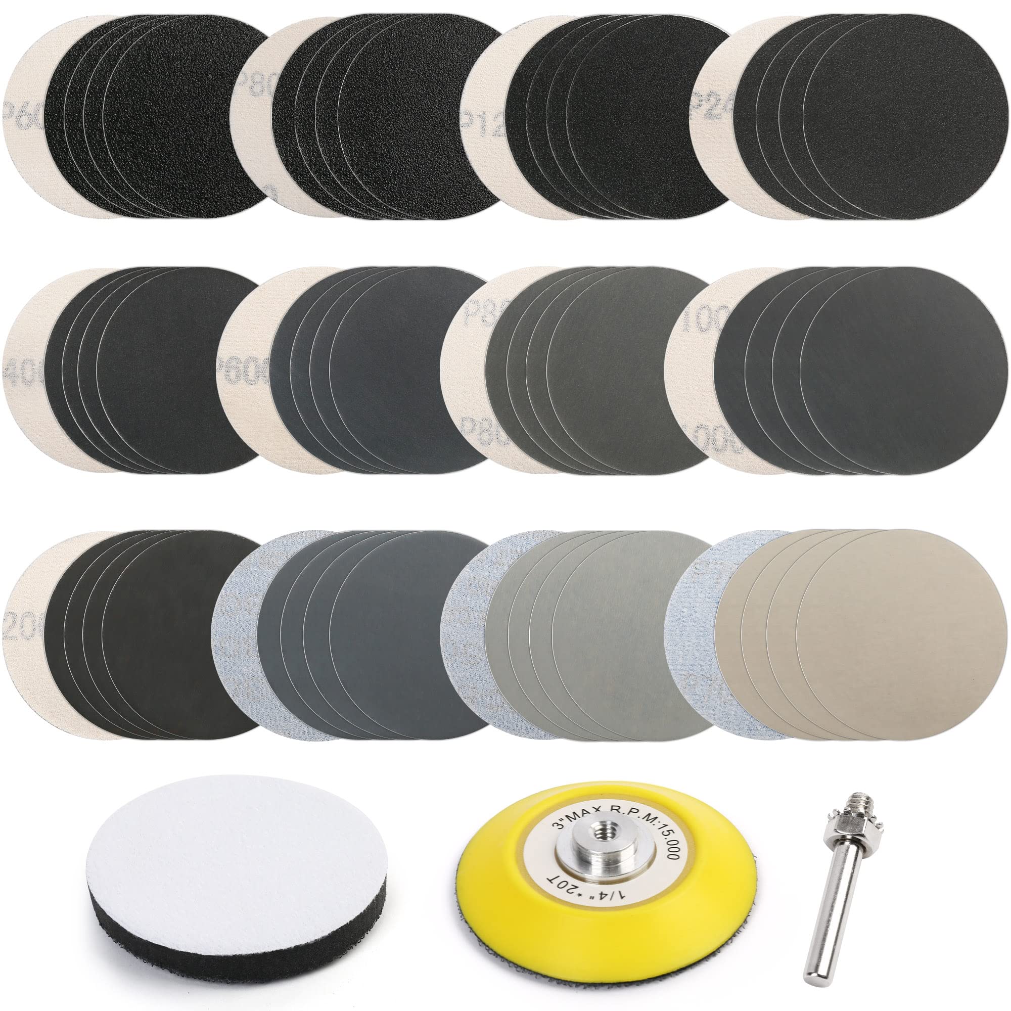 LotFancy 3 Inch Wet Dry Sanding Disc, 60pcs 60 to 7000 Grit, Silicon Carbide Hook and Loop Sandpaper with 1/4” Backing Pad and Foam Buffering Pad, for Automotive Wood Polishing & Finishing