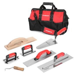 goldblatt 8 pieces masonry hand tool set includes finishing trowel, gauging trowel, groover, edger, extruded alloy float, wood float and wire twister, organized in tool bag