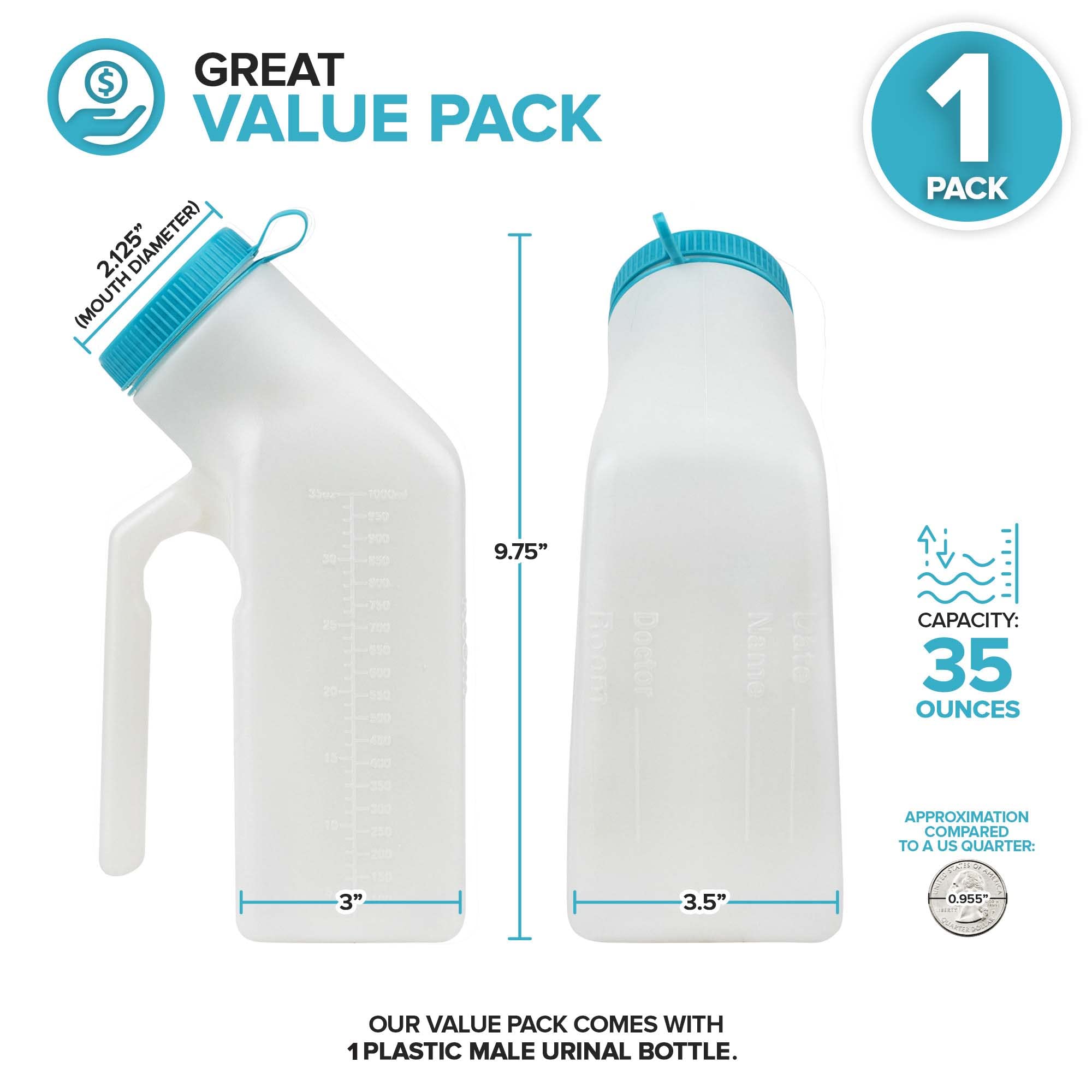 35 oz Male Urinal Bottle- Durable Plastic Urinal Bottle - Portable Urinal Bottle - Urinal Bottle with Leakproof Screw-On Lid - Urinal Bottle with Easy-to-Read Measurement Lines - Stock Your Home