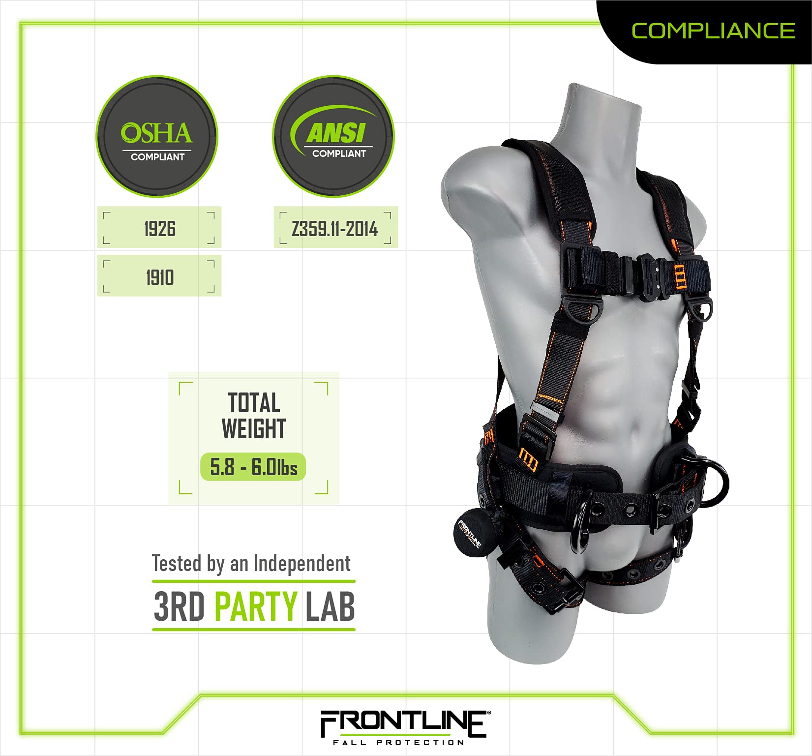 Frontline 110CTB Combat™ Lite Full Body Harness all Aluminum | Hardware Trauma Straps | OSHA and ANSI Compliant (Size: M-L)