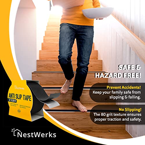 NESTWERKS Heavy Duty Grip Tape for Stairs, Anti Slip Tape for Steps, Waterproof High Traction Tape for Indoor/Outdoor - Non Slip Tape Outdoor Stair Treads, Friction Tape for Ramps, 2" x20ft