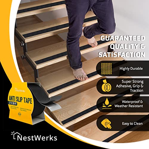 NESTWERKS Heavy Duty Grip Tape for Stairs, Anti Slip Tape for Steps, Waterproof High Traction Tape for Indoor/Outdoor - Non Slip Tape Outdoor Stair Treads, Friction Tape for Ramps, 2" x20ft