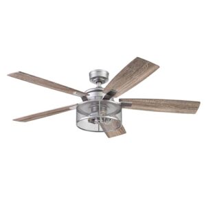 Honeywell Ceiling Fans Carnegie, 52 Inch Industrial Style Indoor LED Ceiling Fan with Light, Remote Control, Dual Mounting Options, 5 Dual Finish Blades, Reversible Airflow - 51460-01 (Pewter)