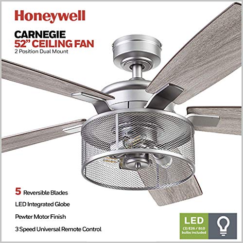 Honeywell Ceiling Fans Carnegie, 52 Inch Industrial Style Indoor LED Ceiling Fan with Light, Remote Control, Dual Mounting Options, 5 Dual Finish Blades, Reversible Airflow - 51460-01 (Pewter)