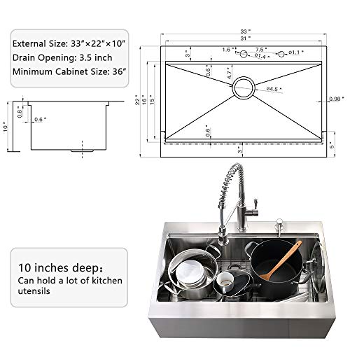 33 Drop In Farmhouse Kitchen Sink Stainless Steel-SOMRXO 33×22 Topmount Workstation Kitchen Sink 16 Gauge Stainless Steel Kitchen Sink Farmhouse Sink 10 Inch Deep Single Bowl Farm Sinks