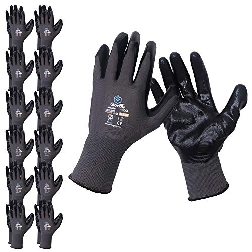 GlovBE 12 Pairs Mechanic Work Gloves, Oil & Gas Resistant Nitrile Coating, Grey (Large)