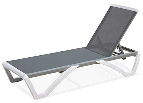 Domi Pool Lounge Chair Aluminum Adjustable Outdoor Chaise Lounge,All Weather Plastic Poolside Lounge Chair for Deck Lawn Backyard, Gray Textilene