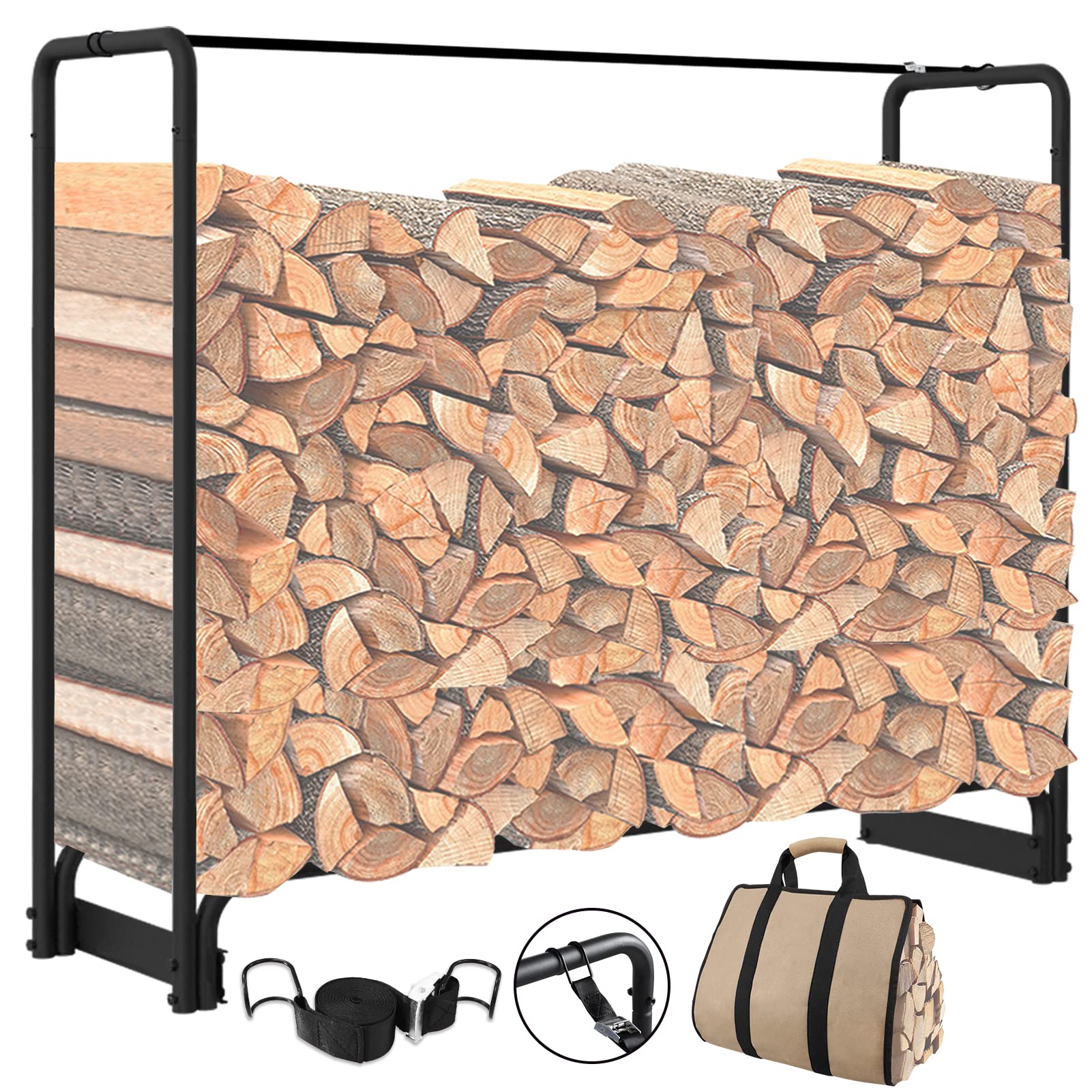 Eurmax USA Firewood Rack Outdoor Log Rack Holder Fireplace Heavy Duty Wood Stacker Storage Rack Holder Steel Tubular Wood Pile Racks Bonus Carry Bag and Strong Belt (4ft)