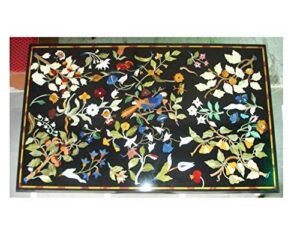 pietra dura black marble rectangular 48" x 30" inch dining table top, bird inlay fruit inlay and flowers inlay design outdoor decor, indoor decor table top, piece of conversation, family heirloom