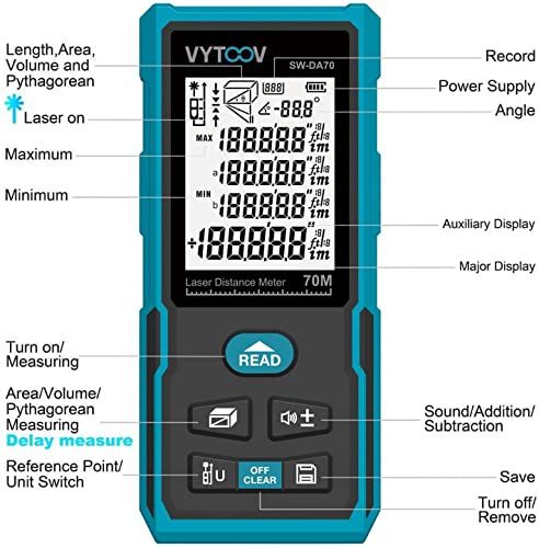 Laser Measurement Tool 229Ft 70M IP54 M/in/Ft/Ft+in Digital Angle Sensor Measure Backlight LCD Laser Distance Meters with Pythagorean Mode Laser Measure Distance Area and Volume - Rechargeable