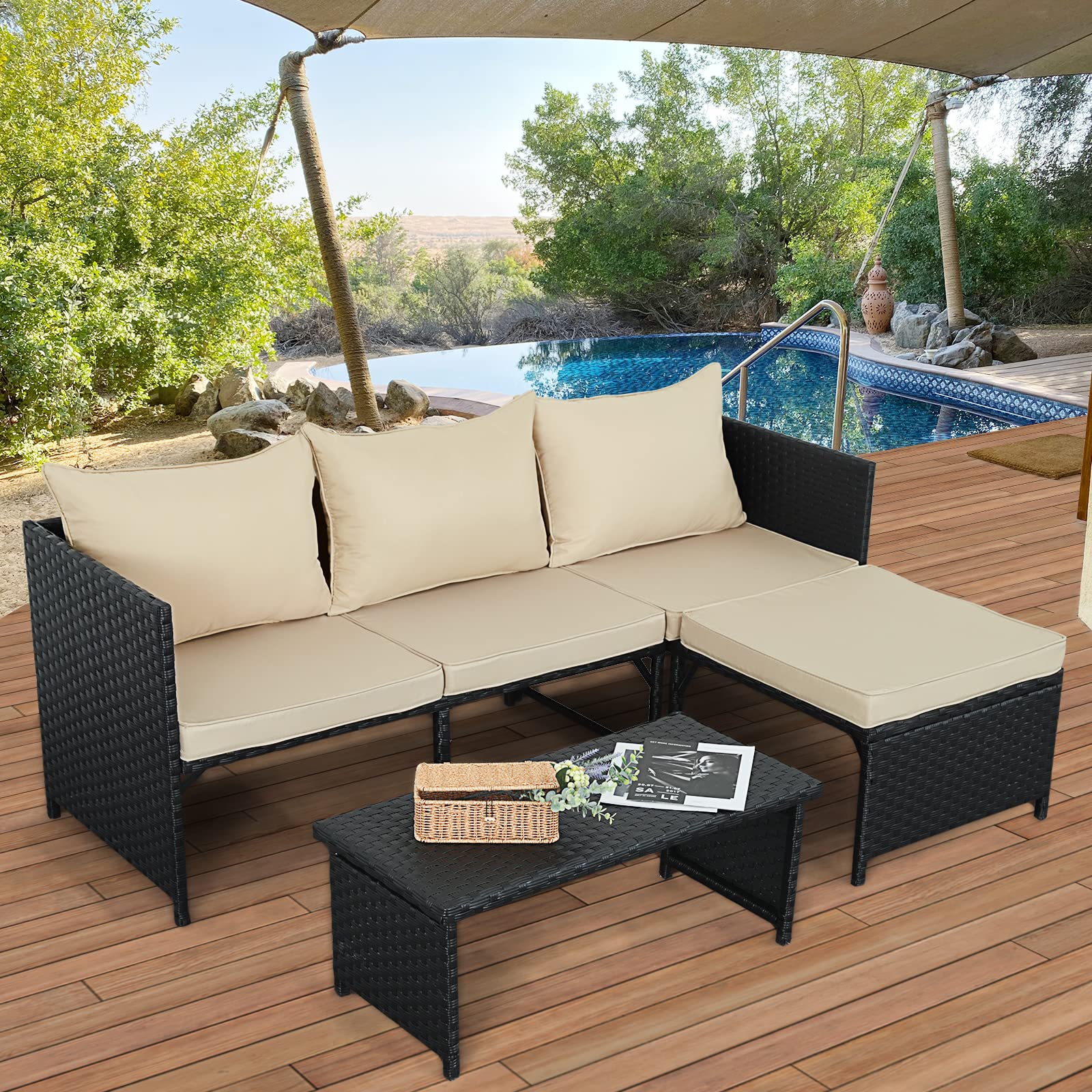 Valita 3-Piece Outdoor PE Rattan Furniture Set Patio Black Wicker Conversation Loveseat Sofa Sectional Couch Khaki Cushion