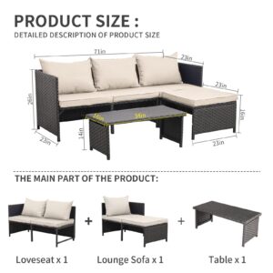 Valita 3-Piece Outdoor PE Rattan Furniture Set Patio Black Wicker Conversation Loveseat Sofa Sectional Couch Khaki Cushion