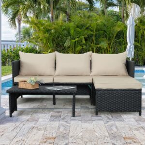 Valita 3-Piece Outdoor PE Rattan Furniture Set Patio Black Wicker Conversation Loveseat Sofa Sectional Couch Khaki Cushion