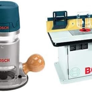 BOSCH 1617EVS 2.25 HP Electronic Fixed-Base Router and RA1171 25-1/2 in. x 15-7/8 in. Benchtop Laminated MDF Top Cabinet Style Router Table Bundle