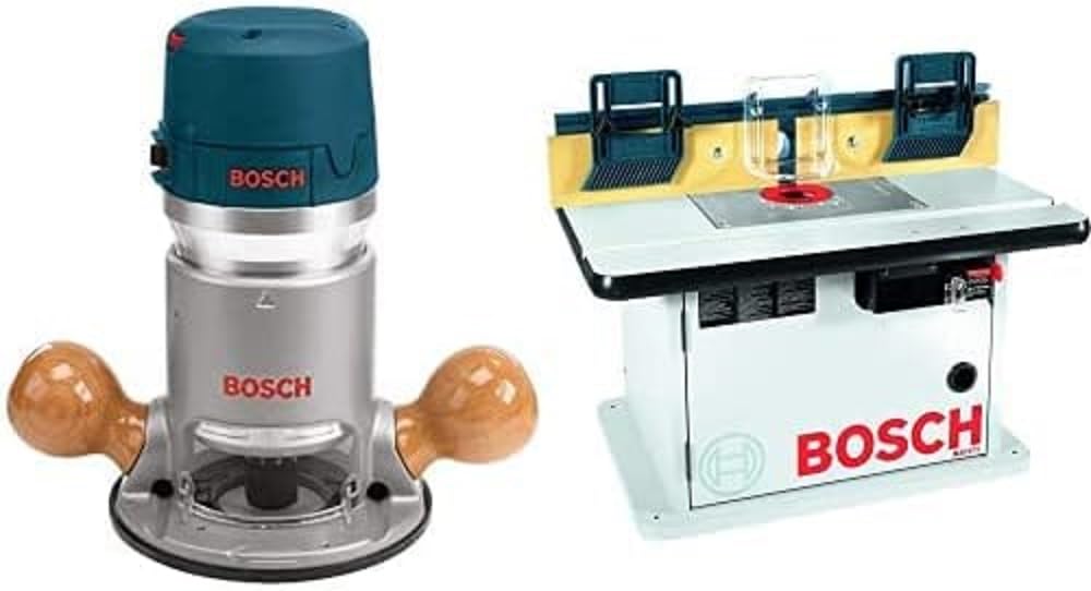 BOSCH 1617EVS 2.25 HP Electronic Fixed-Base Router and RA1171 25-1/2 in. x 15-7/8 in. Benchtop Laminated MDF Top Cabinet Style Router Table Bundle