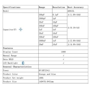 Honeytek A6013L Capacitance Meter Capacitor Electronic Measuring Capacitance Tester