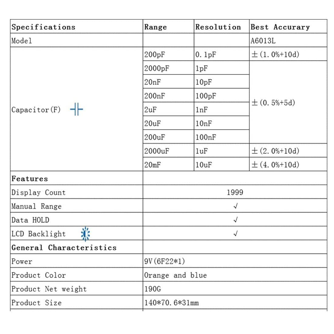 Honeytek A6013L Capacitance Meter Capacitor Electronic Measuring Capacitance Tester