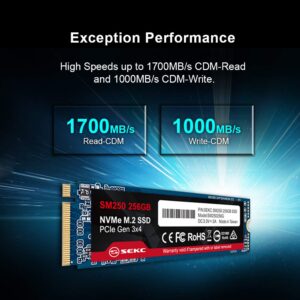 SEKC SM250256G 256GB NVMe M.2 2280 PCIe Gen 3x4, Solid State Drive R/W CDM Up to 1700/1000 MB/s, (Atto) Up to 3300/3100 MB/s, Internal SSD