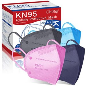 chisip kn95 face mask 20pcs, 5 layer design cup dust safety masks, breathable protection masks against pm2.5 dust bulk for adult, men, women, indoor, outdoor use, colorful