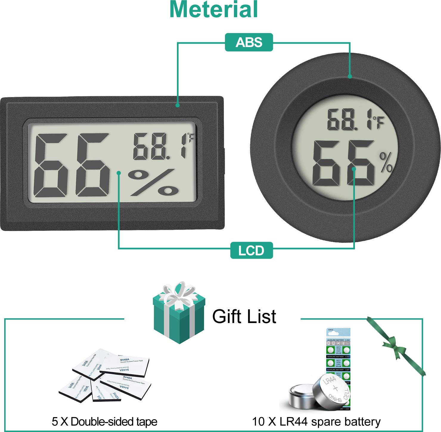 5-Pack Mini Digital Thermometer Hygrometer, Indoor Room Round Temperature Humidity Meter Gauge Monitor, Large LCD Display Fahrenheit or Celsius for Greenhouse, Home, Reptile, Humidors, Office, Garden