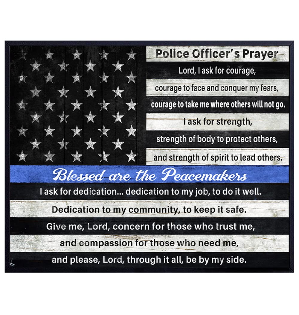 Police Officers Prayer Wall Art Print - Inspirational Religious Patriotic Thin Blue Line American Flag - Patriotic Gift for Cops, First Responders, Law Enforcement - Home or Room Decor Poster